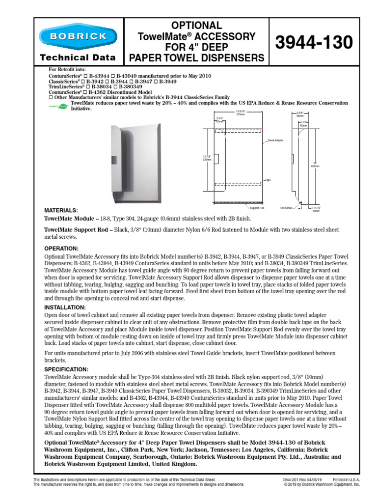 FICH TEC - Bobrick Accesorio Dispensador de Toallas de Papel | PDF | Screw