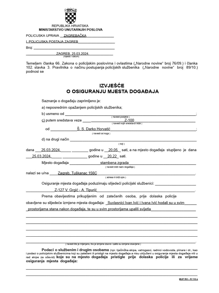MUP RH - R 110 A - Izvješće o Osiguranju Mjesta Događaja | PDF