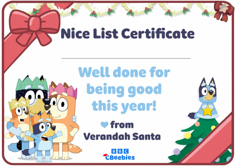 Bluey Nice List Christmas Certificate | PDF
