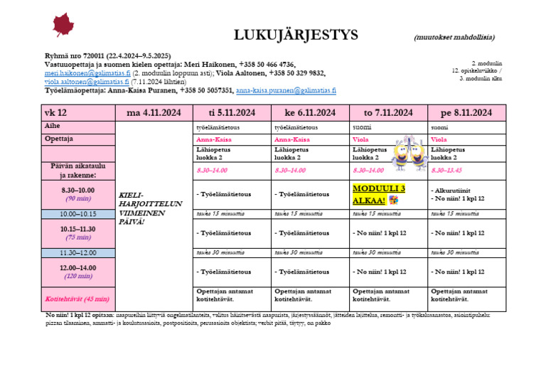 Lukujarjestys 720011 Moduuli 2 Vk 12 | PDF