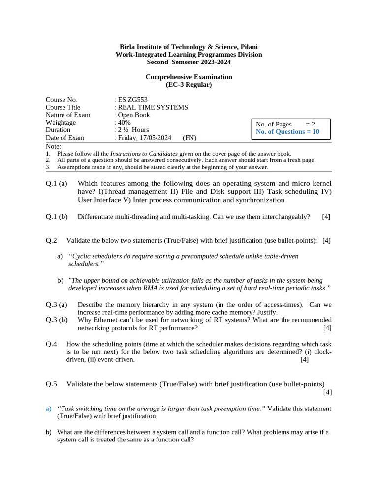 Es ZG553 Ec-3r Second Sem 2023-2024 | PDF | Scheduling (Computing) | Thread (Computing)