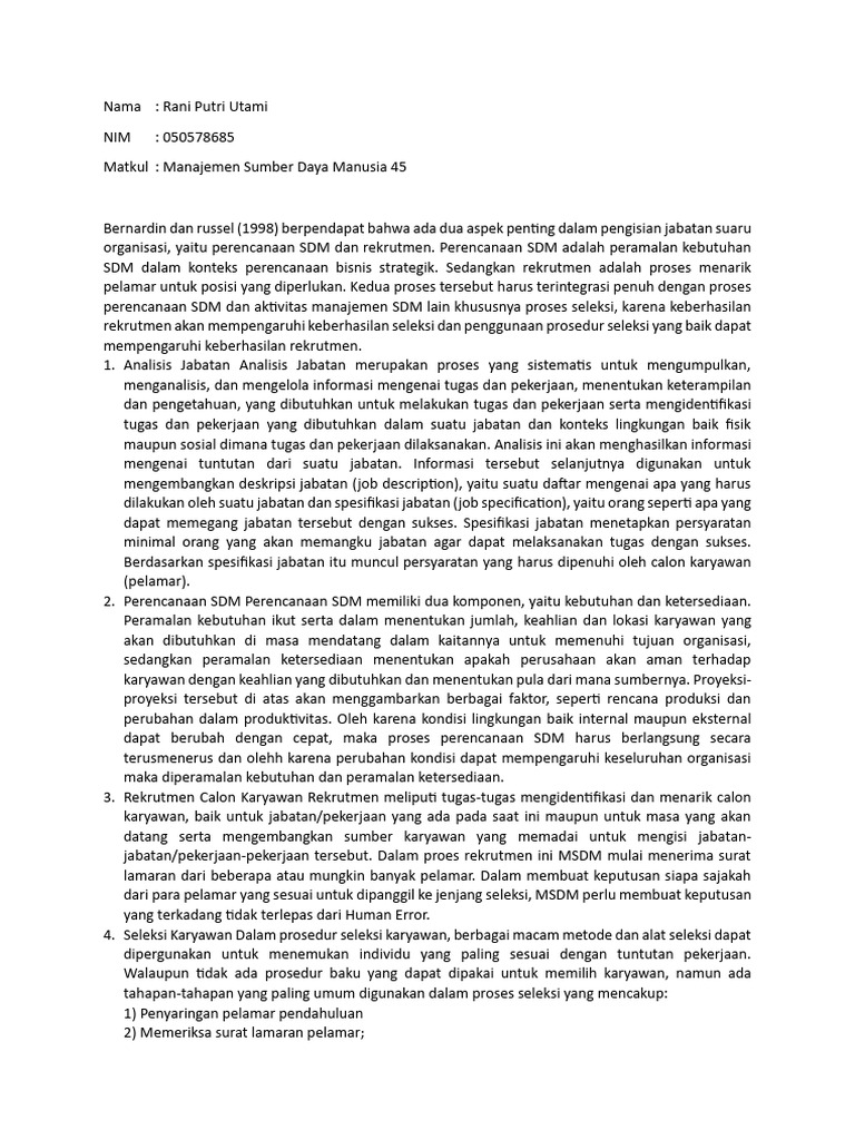 Rani Putri Utami 050578685 Manajemen Sumber Daya Manusia | PDF