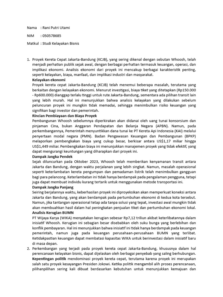 Rani Putri Utami 050578685 Studi Kelayakan Bisnis | PDF