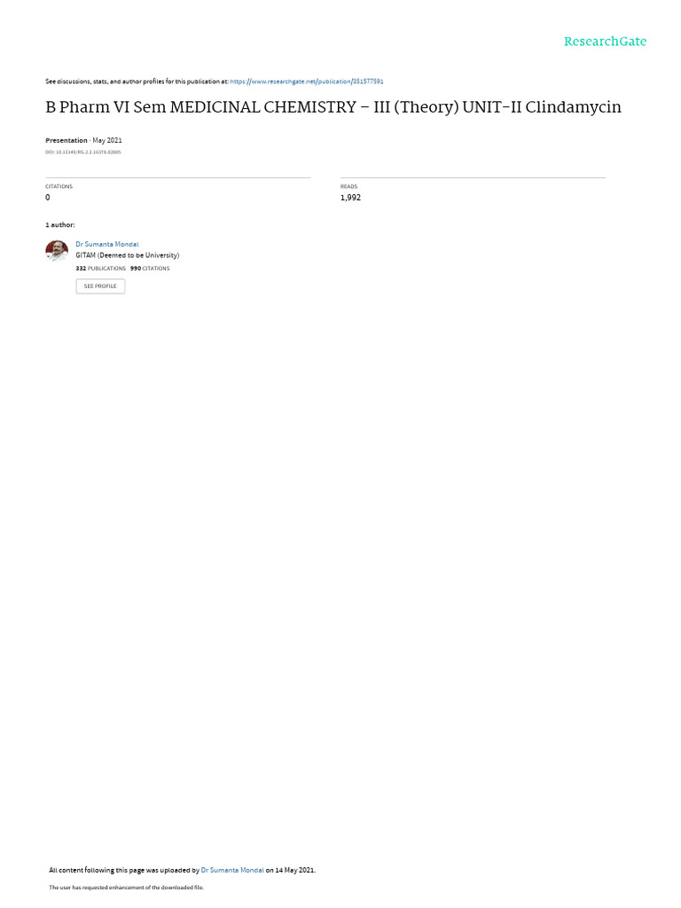 BPharmVISem MEDICINALCHEMISTRYIIITheory UNIT-II Clindamycin | PDF | Clinical Medicine | Drugs