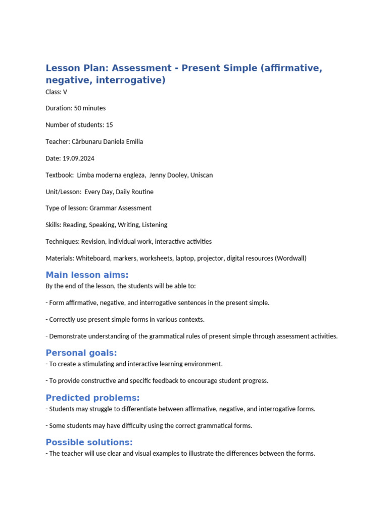 Present Simple Grammar Assessment Plan | PDF | Lesson Plan | Education ...