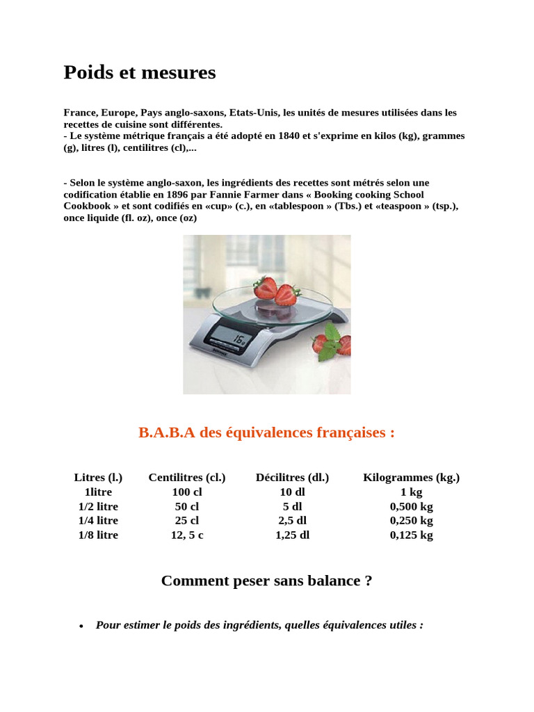 Équivalences de poids et mesures en cuisine | PDF | Kilogramme | Litre