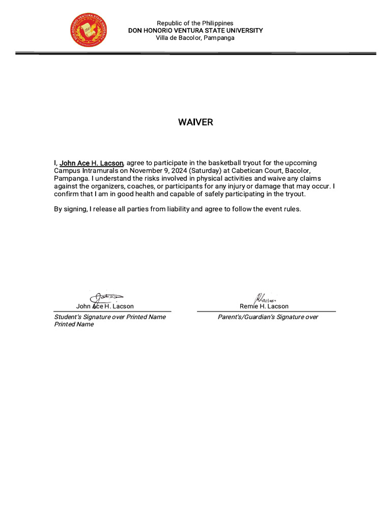 Basketball Tryout Waiver Form | PDF