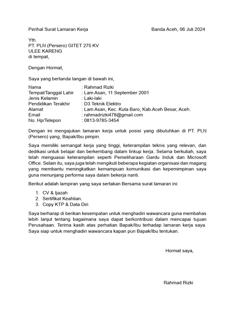 Lamaran Kerja Rahmad Rizki | PDF