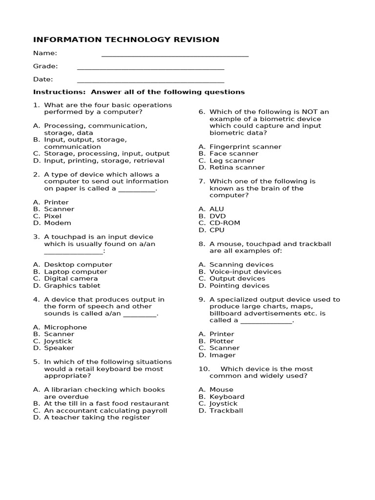 Information Technology Revision | PDF | Image Scanner | Input/Output