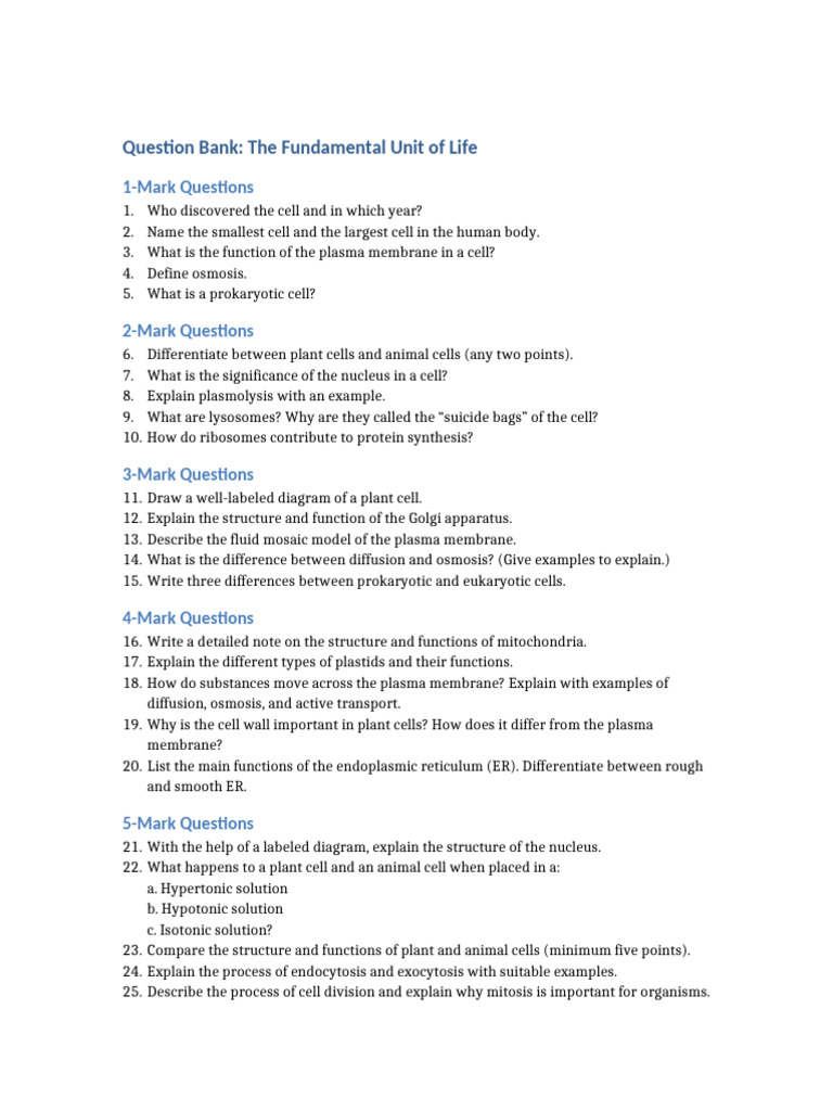 Fundamental Unit of Life Question Bank | PDF
