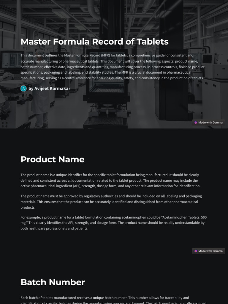 Master Formula Record of Tablets | PDF | Tablet (Pharmacy)