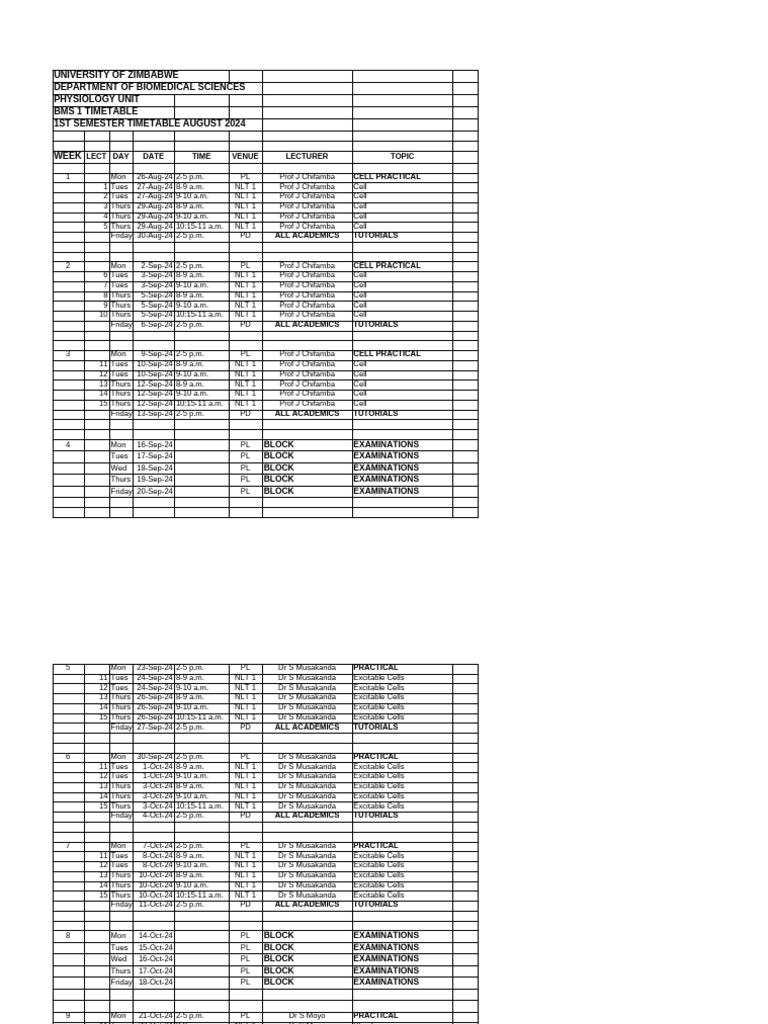BMS 1 1st Semestser August 2024 Timetable | PDF
