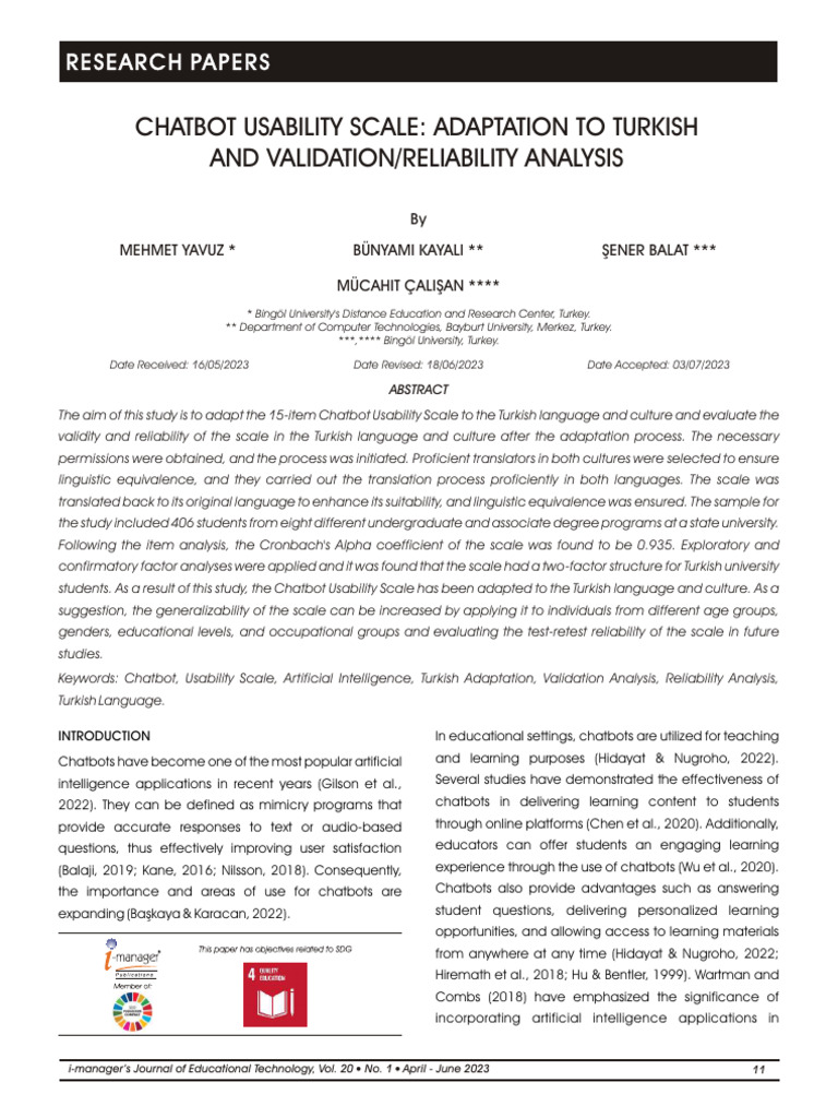 Turkish Chatbot Usability Scale Validation | PDF | Educational Technology | Cognition