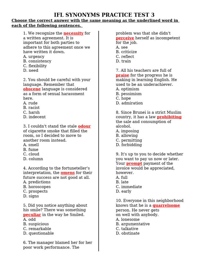 Ifl Synonyms Practice Test 3 | PDF