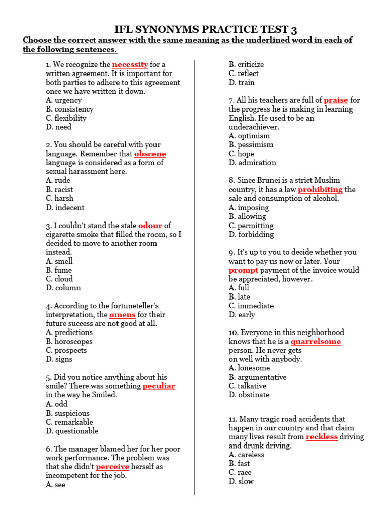 Ifl Synonyms Practice Test 3 | PDF