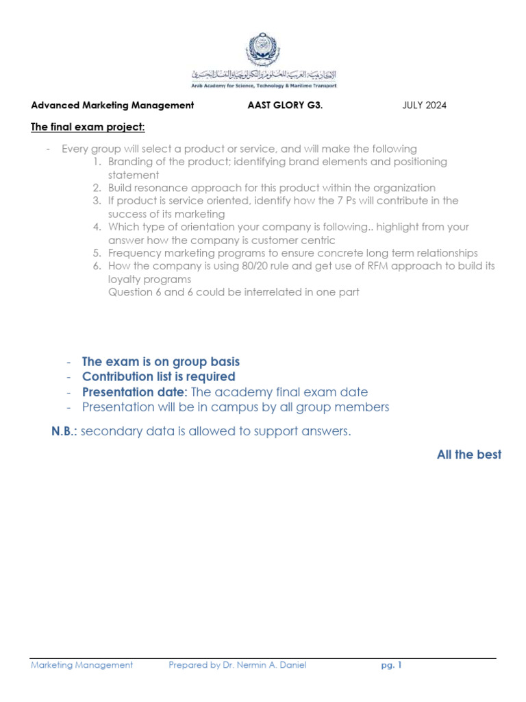 Aast Advanced Marketing Final Project July 2024. Glory g3. | PDF