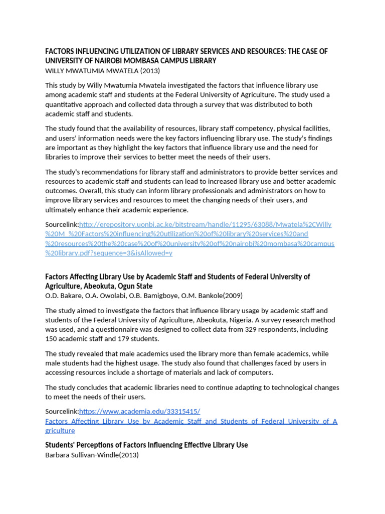 FACTORS INFLUENCING UTILIZATION OF LIBRARY SERVICES AND RESOURCES | PDF ...