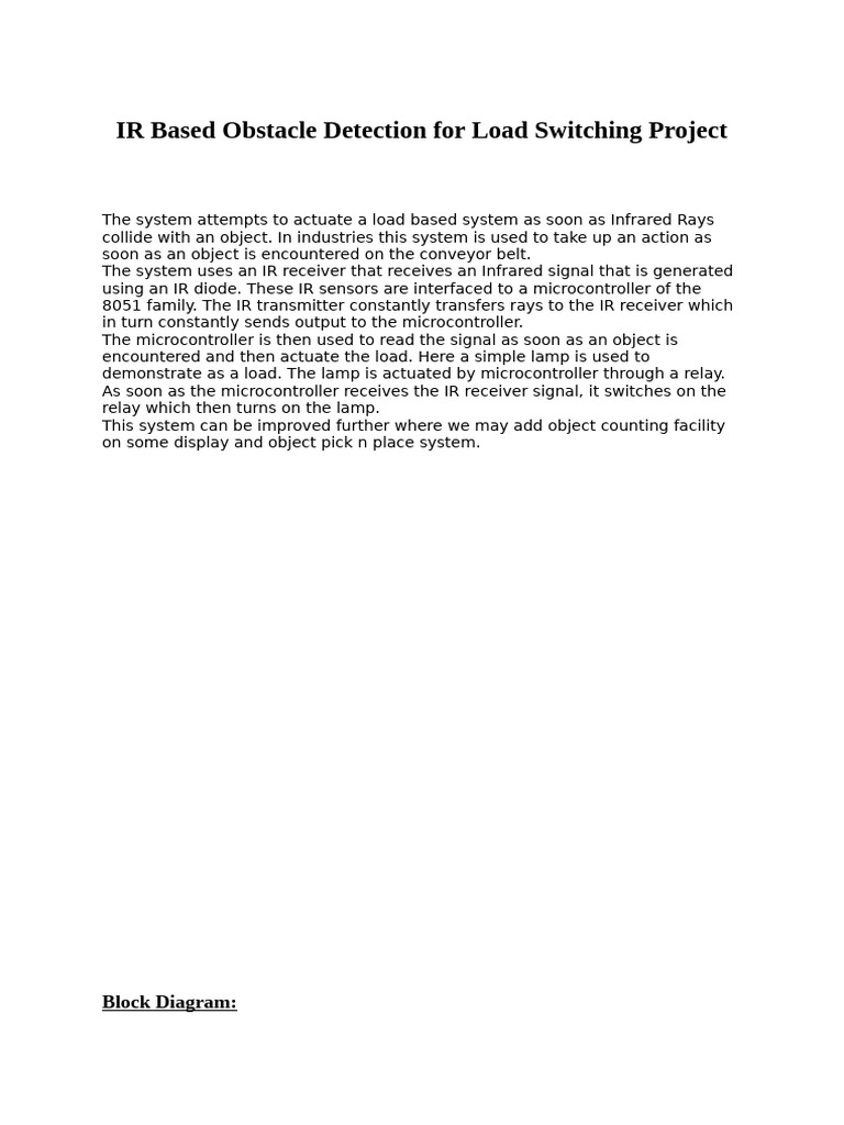 IR Based Obstacle Detection For Load Switching Project: Block Diagram | PDF