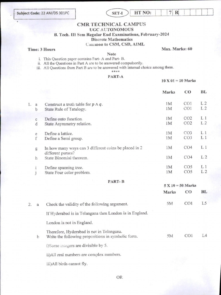22AM DS 301PC Discrete Mathematics | PDF