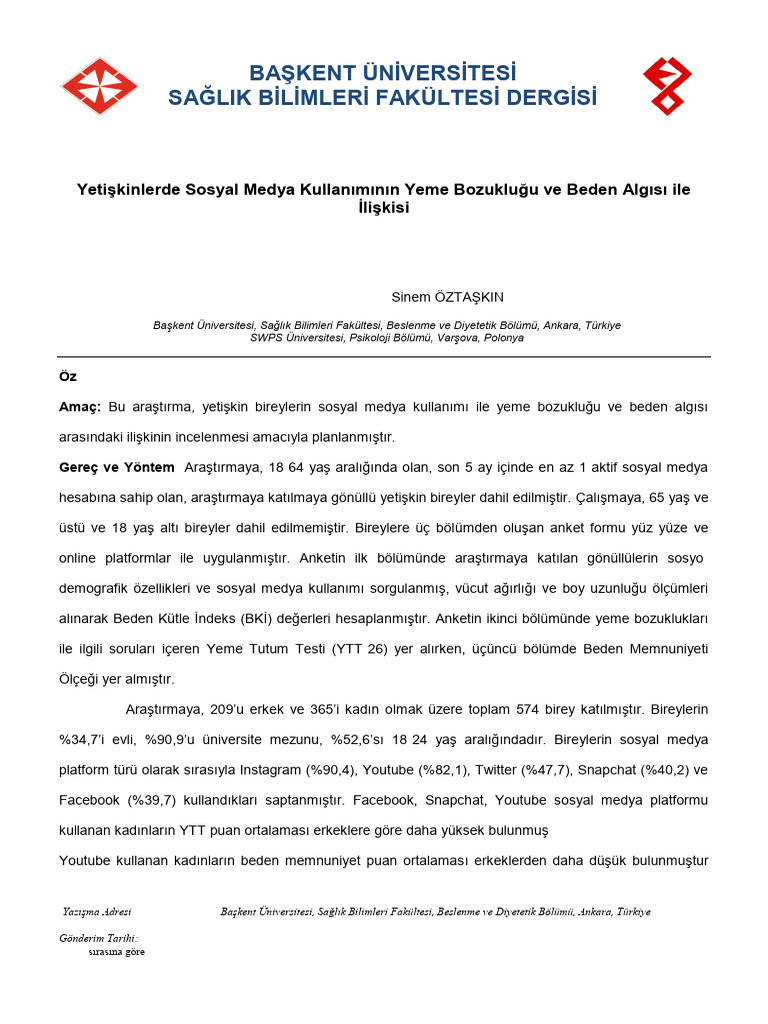 Yeti Kinlerde Sosyal Medya Kullan M N N Yeme Bozuklu U Ve Beden Alg S Ile Li Kisi (#1476041 ...