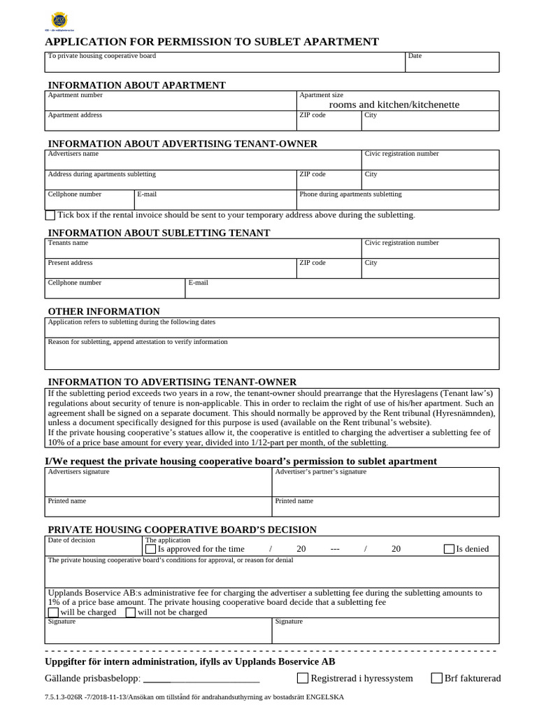 Application For Permission To Sublet Apartment | PDF | Lease | Fee