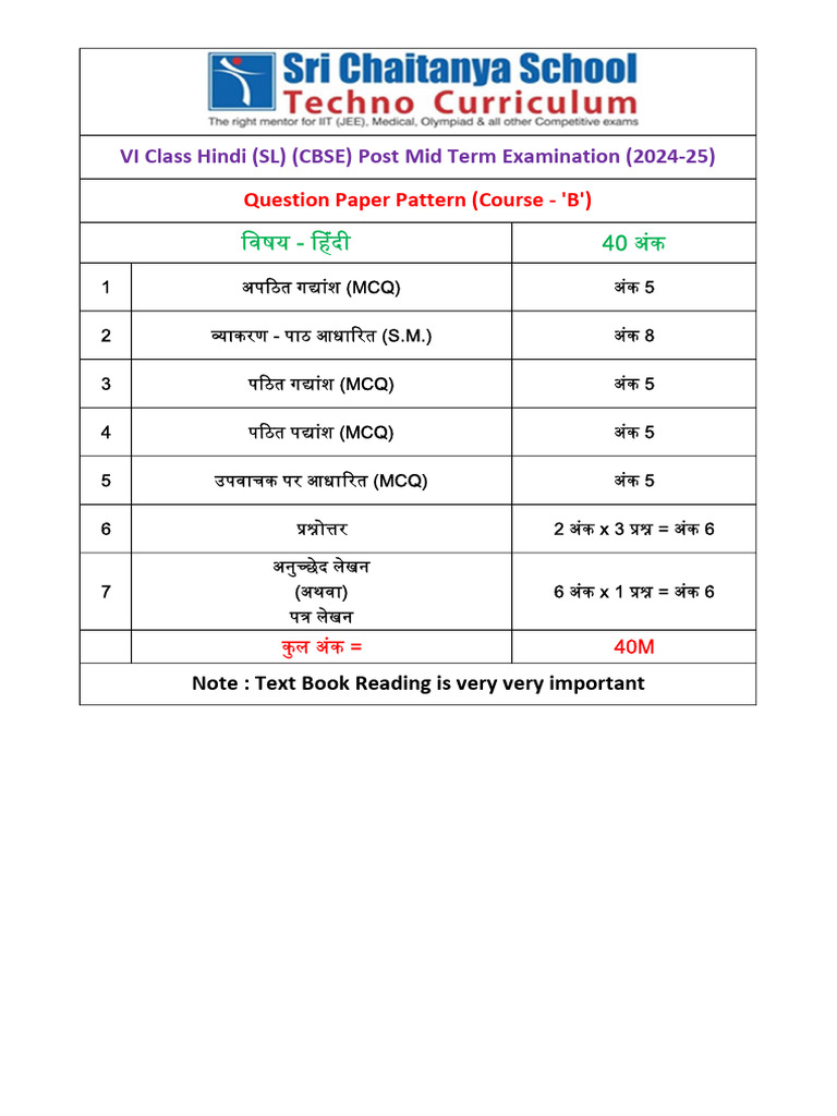 VI - IX Class Hindi (SL & TL) (CBSE) Post Mid Term Exam QP Pattern (Course - B) | PDF