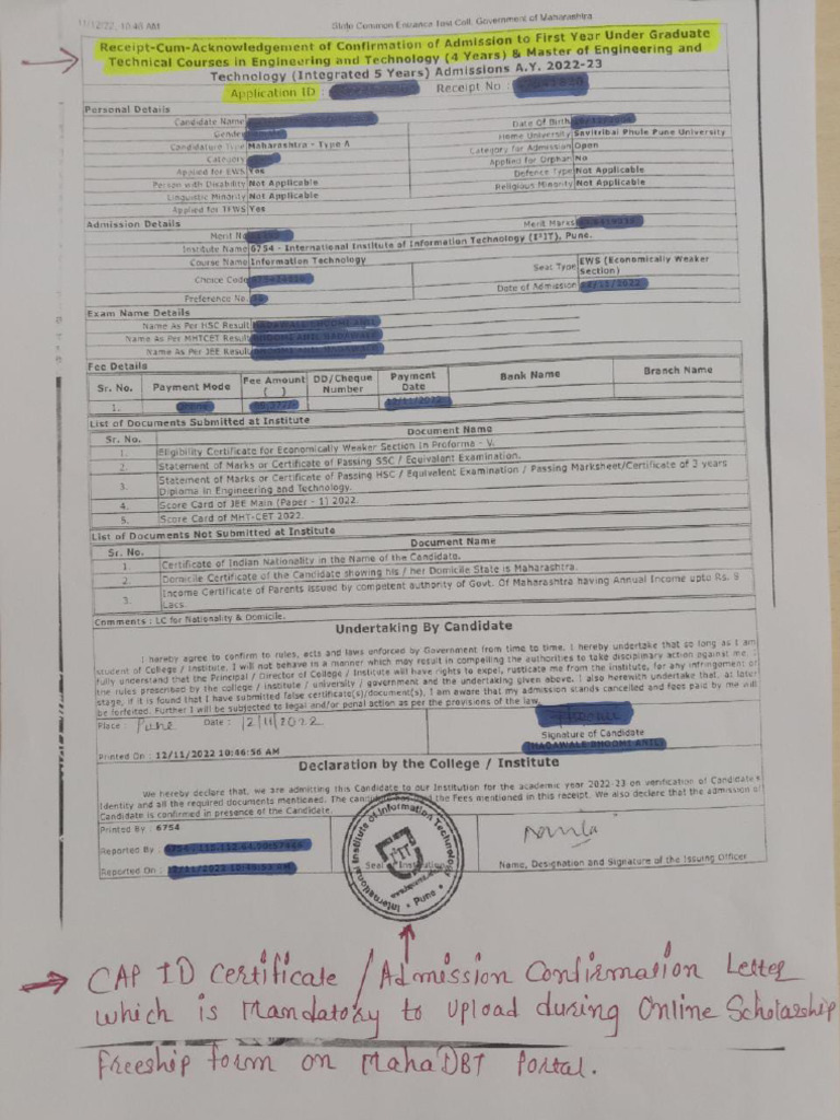7 - Sample of Cap Id Certificate Receipt Cum Admission Acknowledgement ...