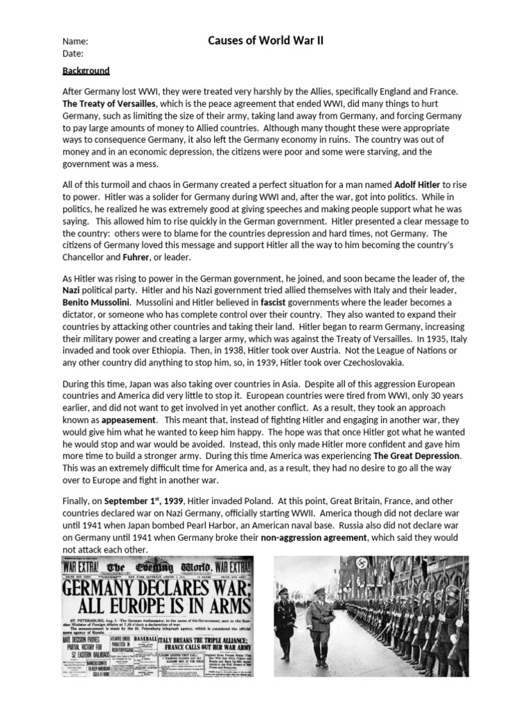 CausesofWWIIWorksheet 1 | PDF | Adolf Hitler | World War II