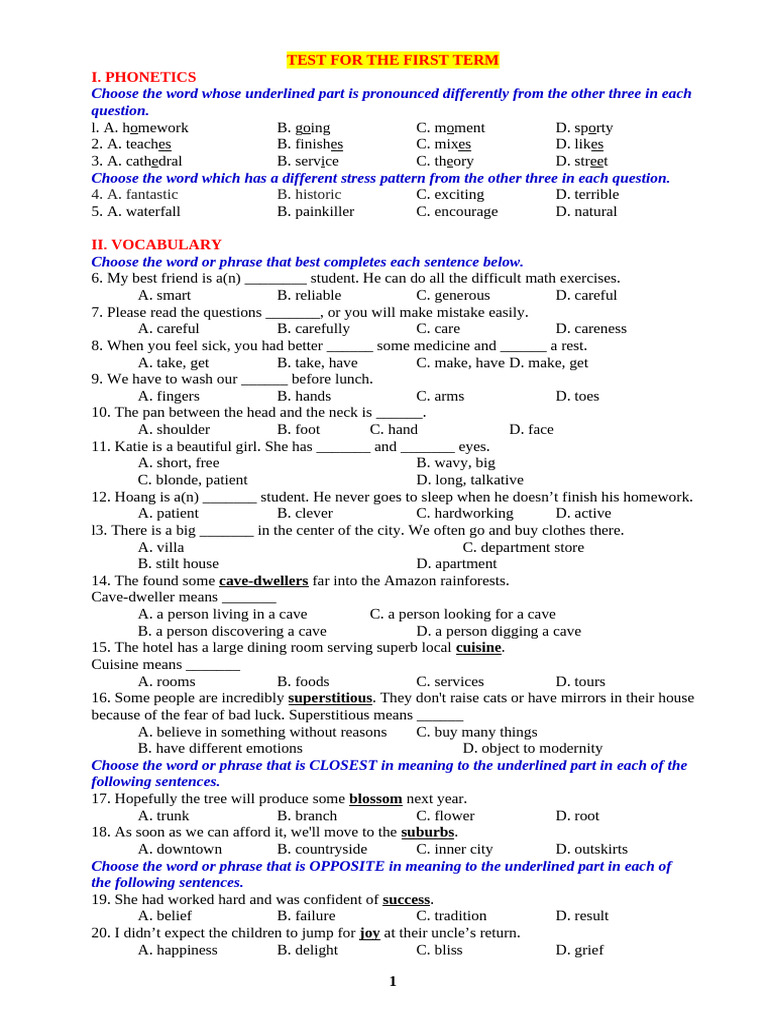 First Term English Test: Phonetics, Vocabulary, Grammar | PDF ...