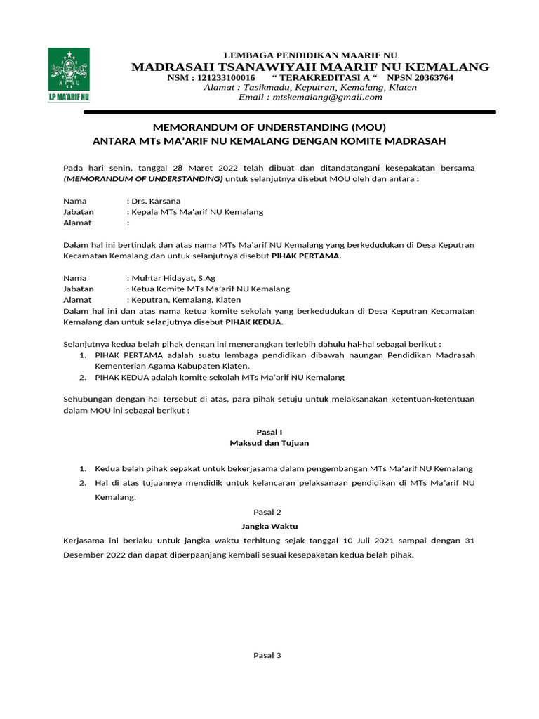 MEMORANDUM OF UNDERSTANDING | PDF