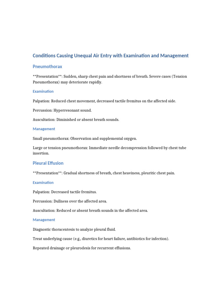 Unequal Air Entry Conditions Detailed | PDF | Respiratory Diseases | Lung