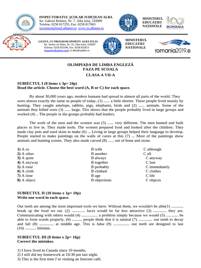 Subiect Olimpiada VII Ianuarie 2019 | PDF