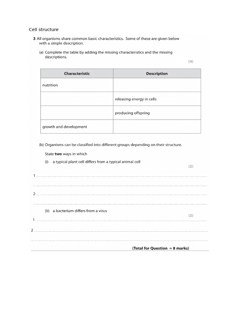 IGCSE Cell Structure WS + MS | PDF
