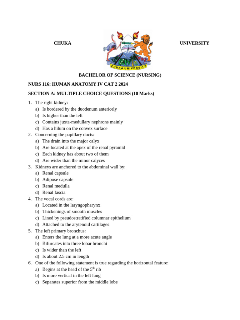 Nursing Anatomy IV MCQs & Answers | PDF | Kidney | Lung