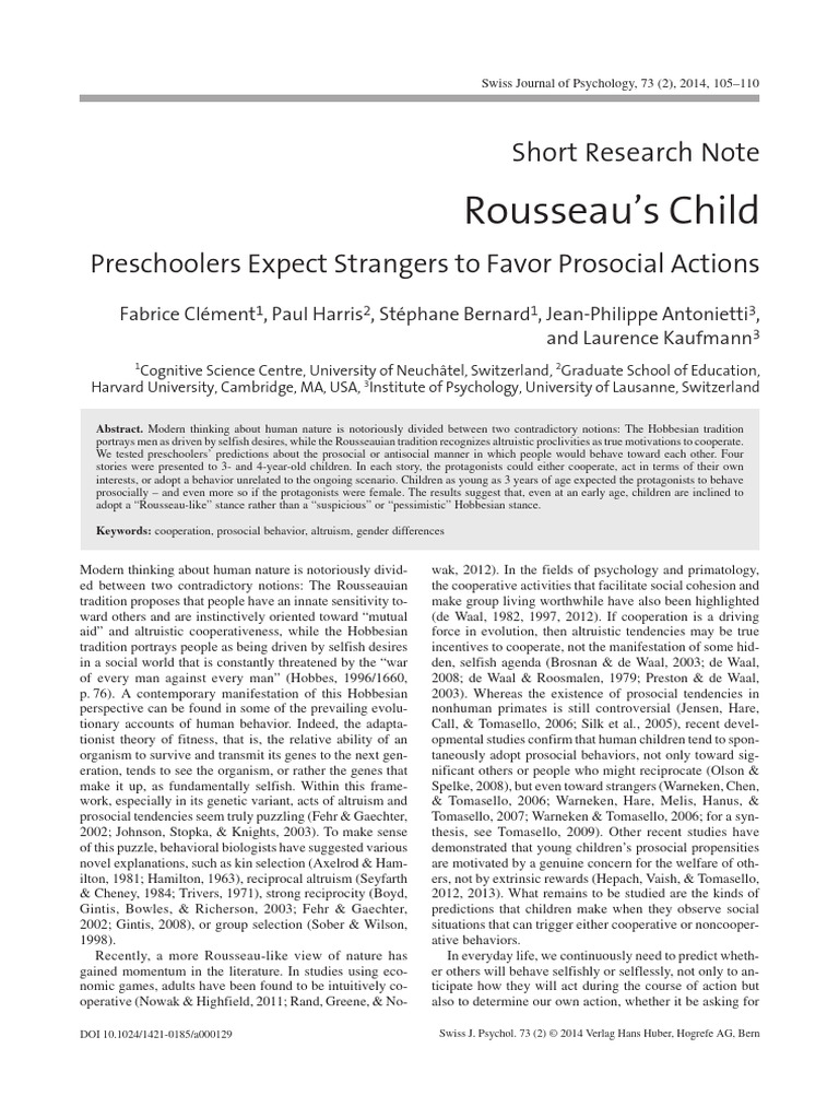 Rousseau's Child - Preschoolers Expect Strangers To Favor Prosocial ...