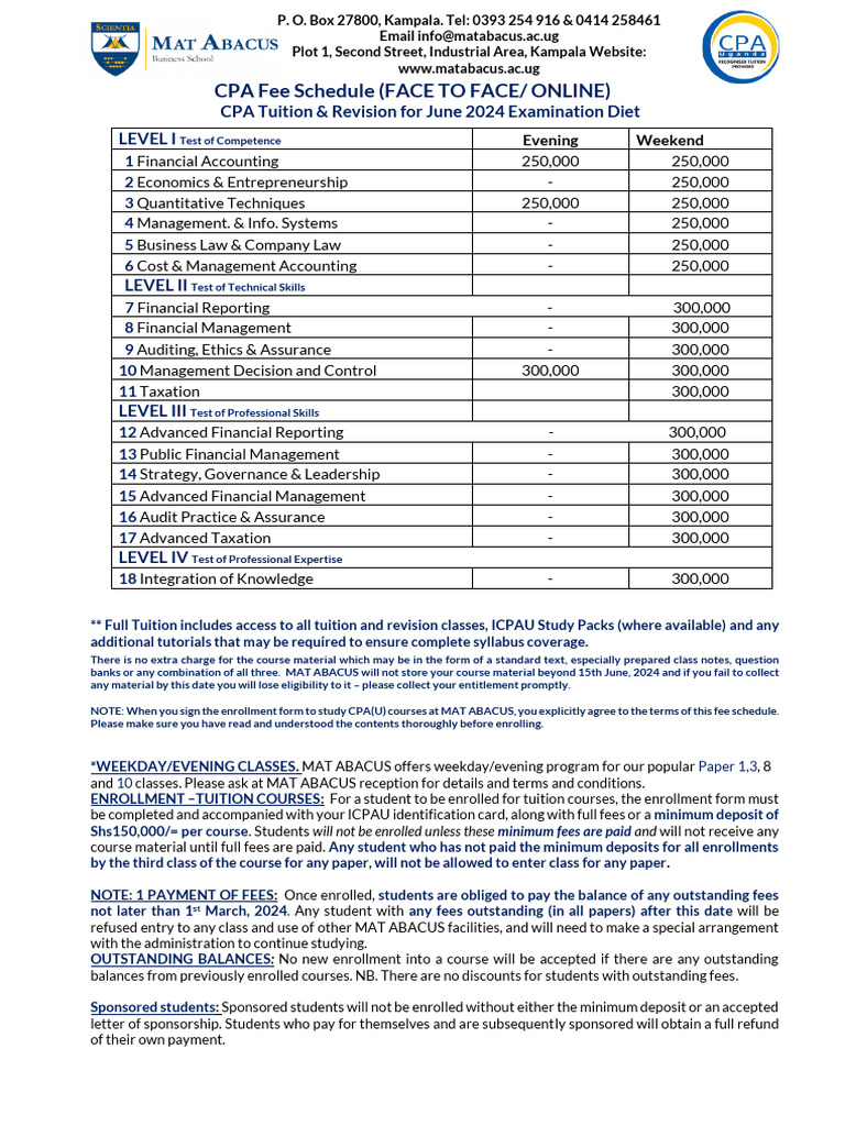 MAT Abacus CPA Fees & Timetable 2024 | PDF | Identity Document | Fee