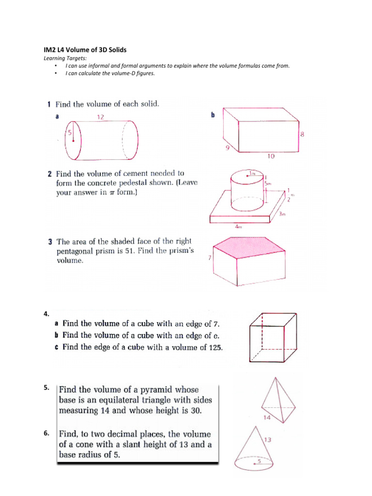Volume Formulas for 3D Solids | PDF