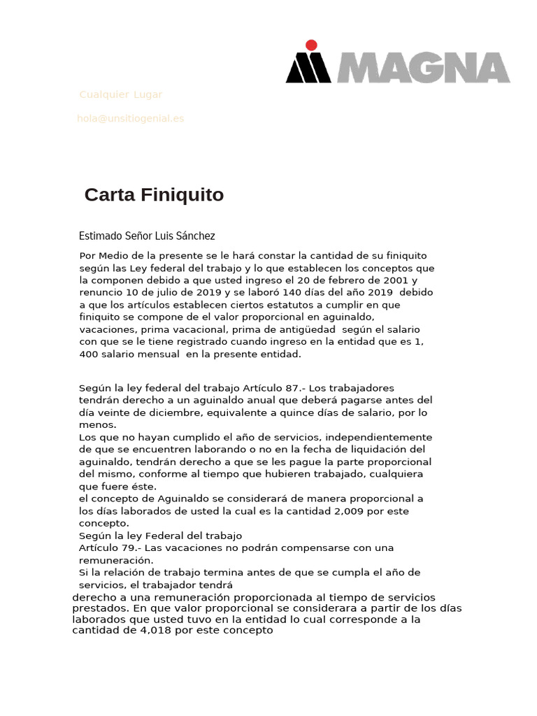 Carta Finiquito Caso 2 | PDF | Salario