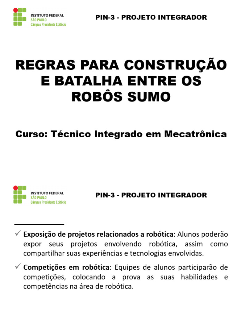 PIN3 Regras Robô Sumo Controlado | PDF | Robô | Robótica