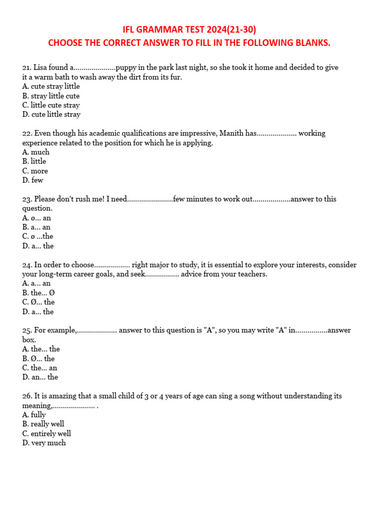 Ifl Grammar Test 2024 (21-30) | PDF