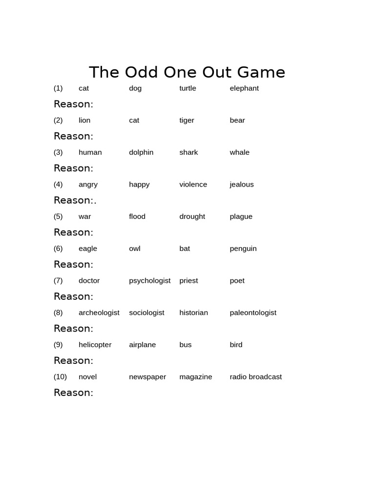 Odd One Out Game Examples and Reasons | PDF