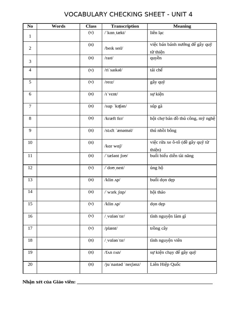 Vocabulary Checking Sheet | PDF