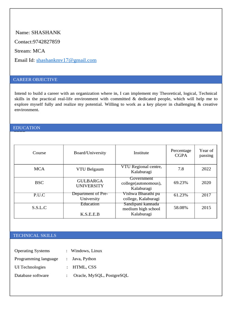 CV shashank | PDF | Computer Science | Computing