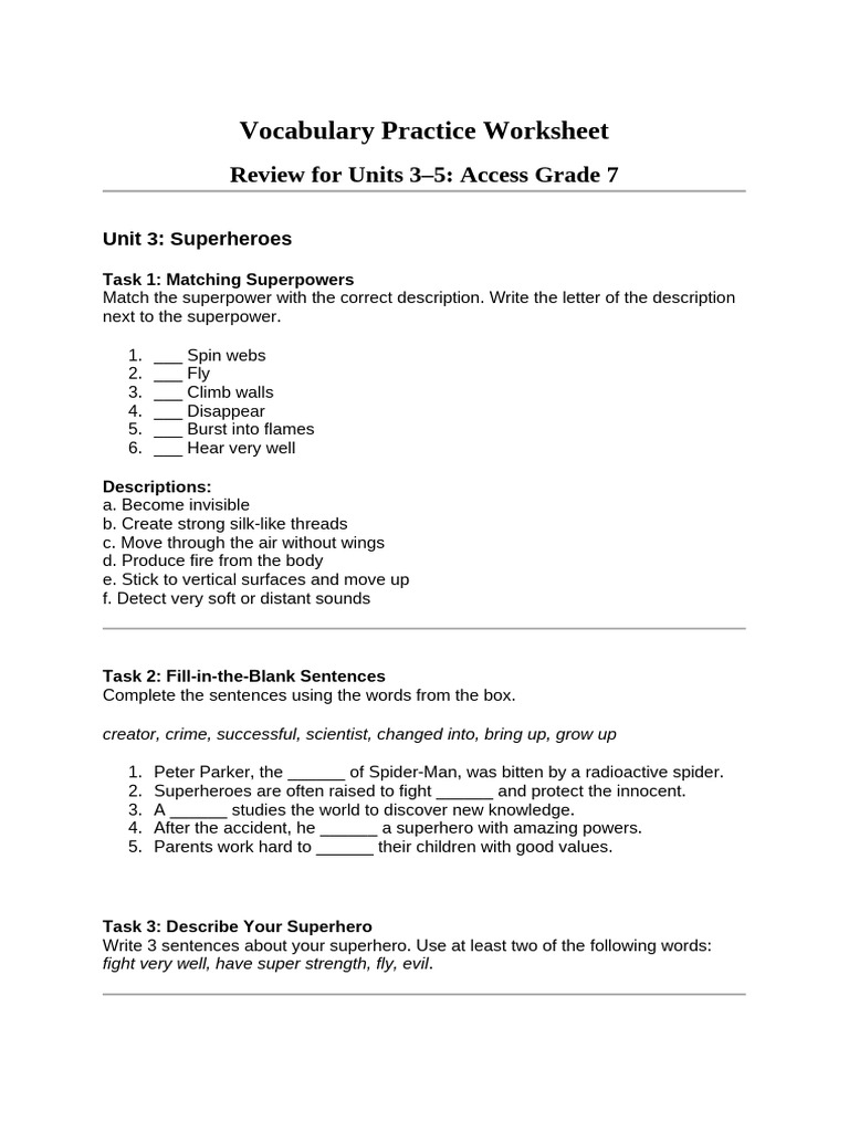 Grade 7 Vocabulary Review Worksheet | PDF | Spider Man | Superheroes