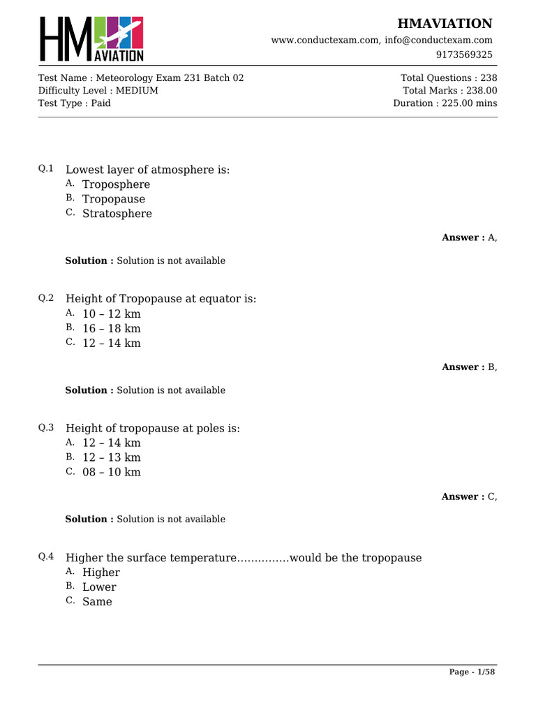 Meteorology Exam Questions and Answers | PDF | Troposphere | Atmosphere ...