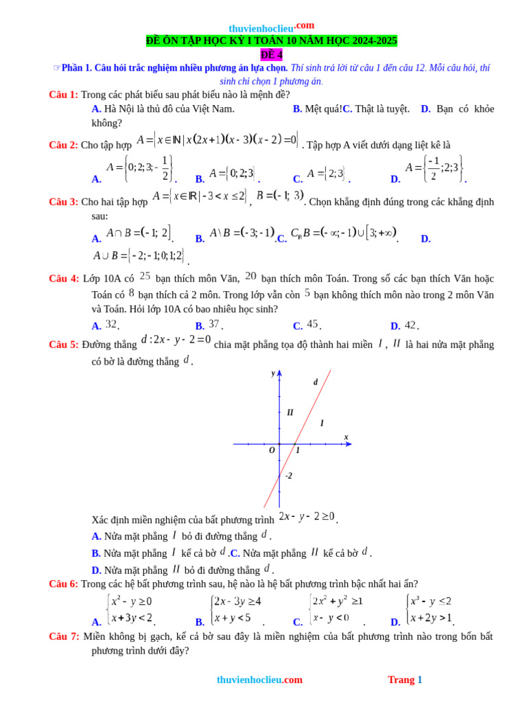 Thuvienhoclieu.com de on Tap HK1 Toan 10 KNTT de 4 | PDF