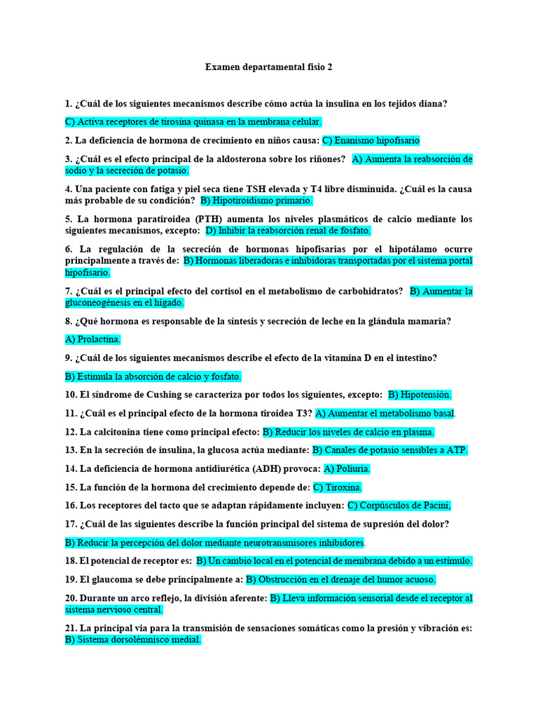 Examen Departamental Fisio 2 Zaira | PDF | Hormona | Dolor