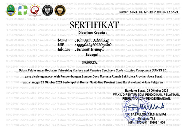 E-Sertifikat PANSS EC 2024 Riansyah, A.md - Kep | PDF