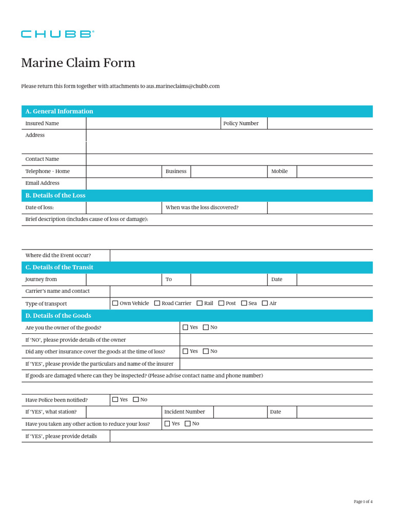 Chubb06 23 1116 Marine Claim Form | PDF | Insurance | Financial Services