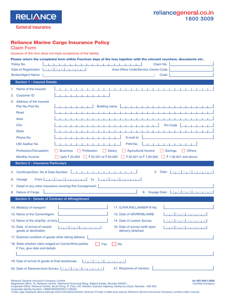 Reliance Marine Cargo Claim Form | PDF | Insurance